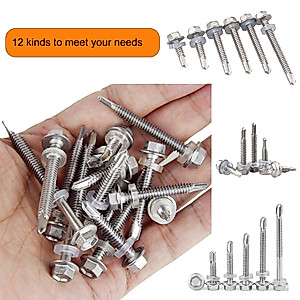 Self Tapping Screws with Rubber Washer,420 PCS Self Drilling Screws for Metal 410 Stainless Steel Sheet Metal Screws #8#10#12-1/2" to 2" Available, Wafer Head TEK Head Screws for Building and Repair