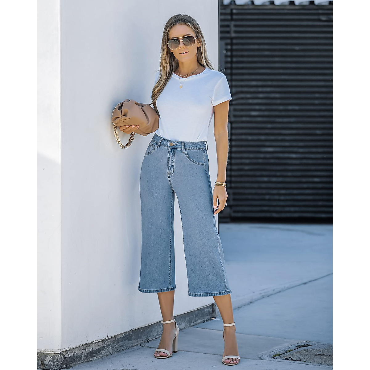 Vetinee Wide Leg Jeans for Women Plus Size Summer Pants Women Denim Jeans Women's Capris with Pockets High Waisted Wide Leg Jeans Roadknight Blue X-Large Size 16 18