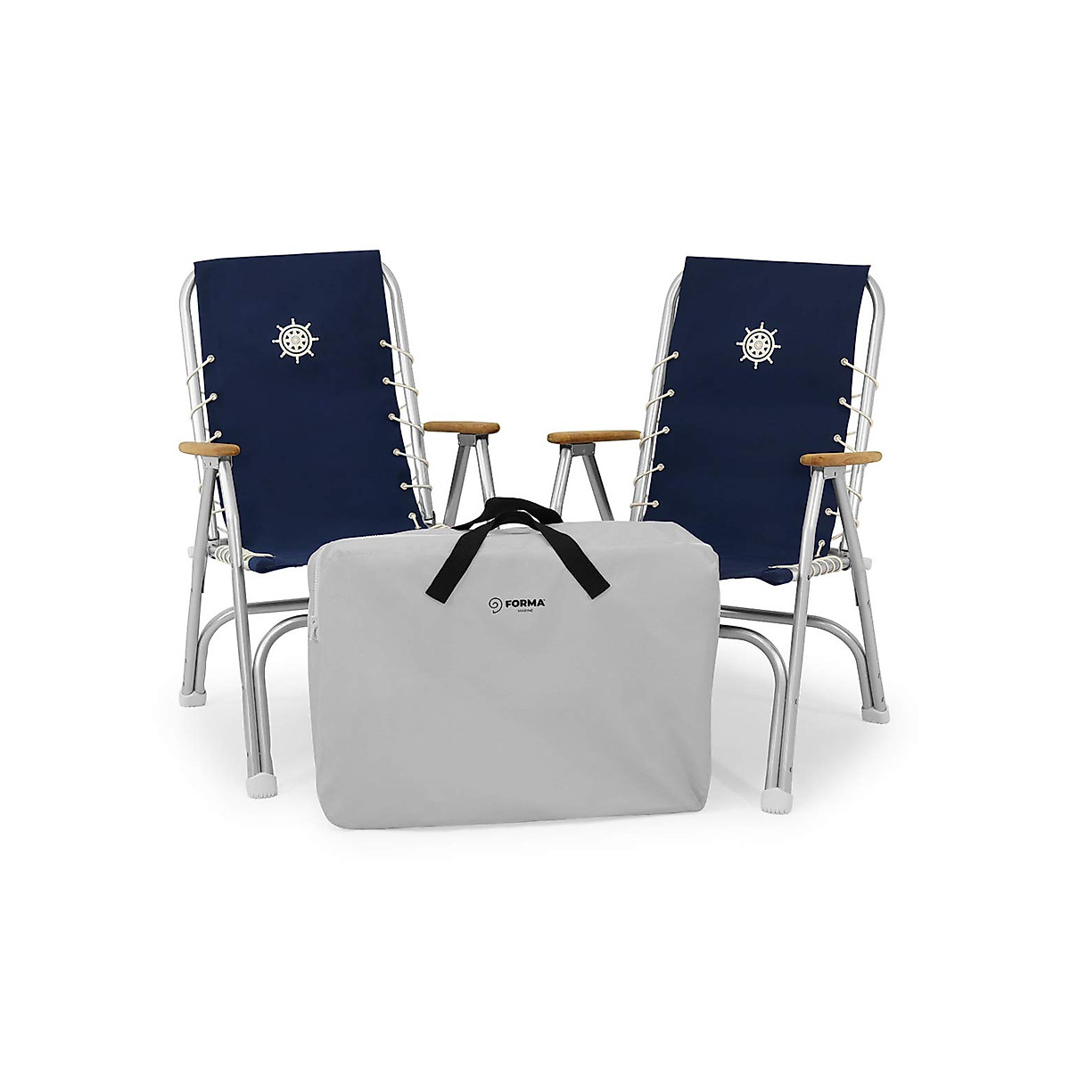 FORMA MARINE Boat Chairs High Back Black Deck Folding Marine Aluminum Teak Furniture Set of 2 M150BL