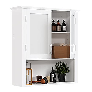 MEETWARM Bathroom Cabinet Wall Mounted with Double Doors, Wood Hanging Cabinet, Medicine Cabinet Storage Organizer with Height Adjustable Shelves Over The Toilet, White