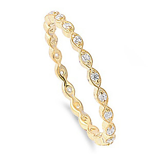925 Sterling Silver Ring 14K Gold Plated Stackable Band CZ Stone Pave Set Eternity Ring 2MM (Size 4 to 12), 4