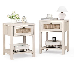 VOWNER 2 PCS White Rattan Nightstand Set of 2, Wood Night Stand with Vintage Metal Pull Handle, Bedside Table Boho End Tables Side Tables with Storage Shelf, for Bedroom
