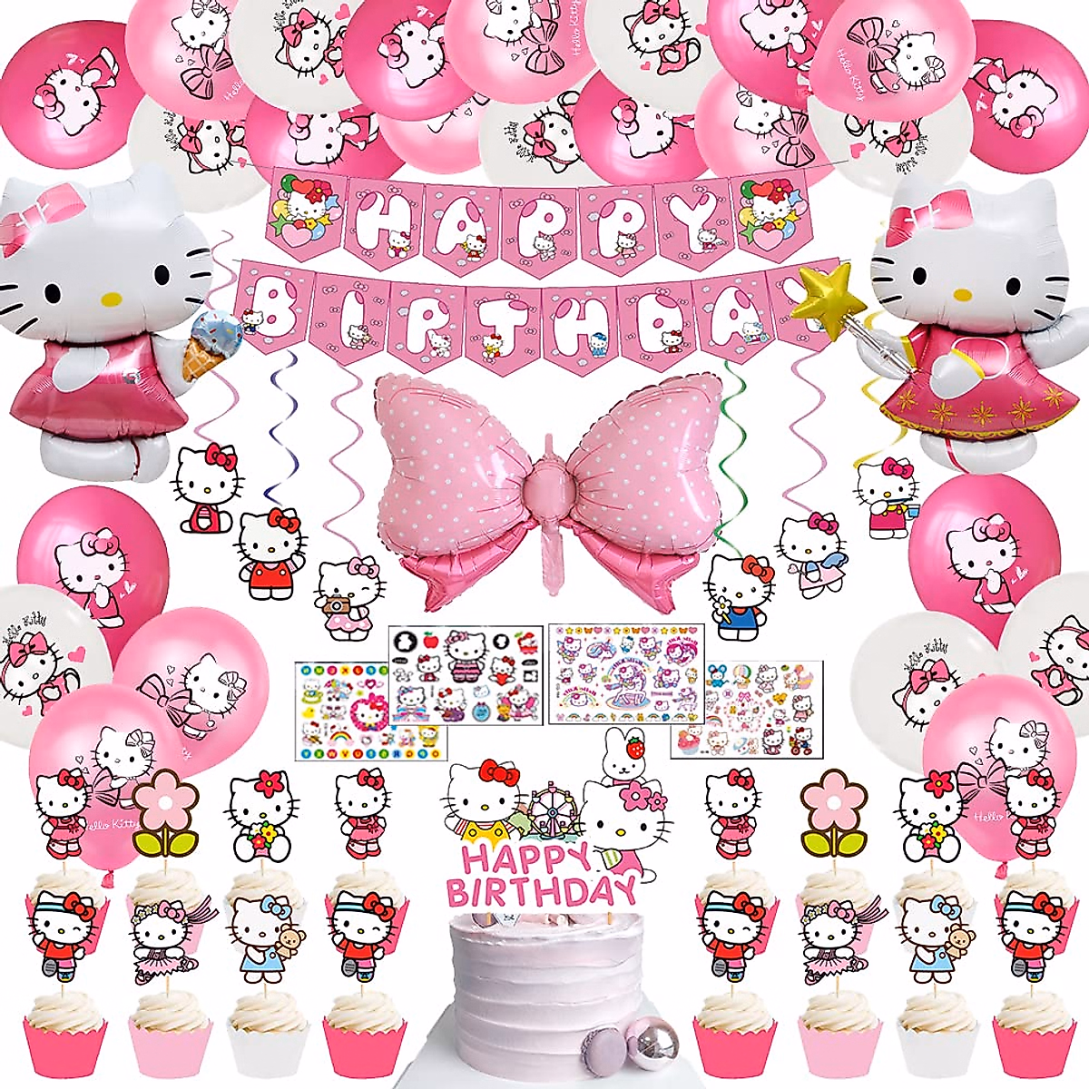 Kitty Birthday Party Supplies, Cute Kitten Party Favor Pink Party Decorations includes Happy Birthday Banner, Balloons, Cake Topper, Kitten Foils Balloons, Tattoos Stickers, Hanging Swirl