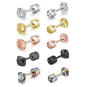 5 Pair Titanium Screw Surgical Stainless Steel Stud Earrings Set, Iridescent 3A Cubic Zirconia Studs Reversible Earrings Perforated Reclining Hypoallergenic Earrings Jewelry 6mm (5 pairs iridescent).