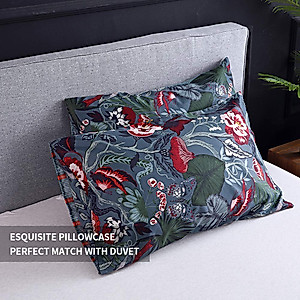 CoutureBridal Green Floral Duvet Cover Set King 3 Pieces Soft Microfiber Bedding Duvet Cover with Pink Flower Leaves Bird Pattern Reversible Striped Bedding Set Zipper Ties