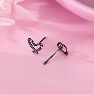 Reffeer Solid 925 Sterling Silver Tiny Heart Stud Earrings for Women Teen Girls Love Heart Stud Earrings (D-Black Gold)