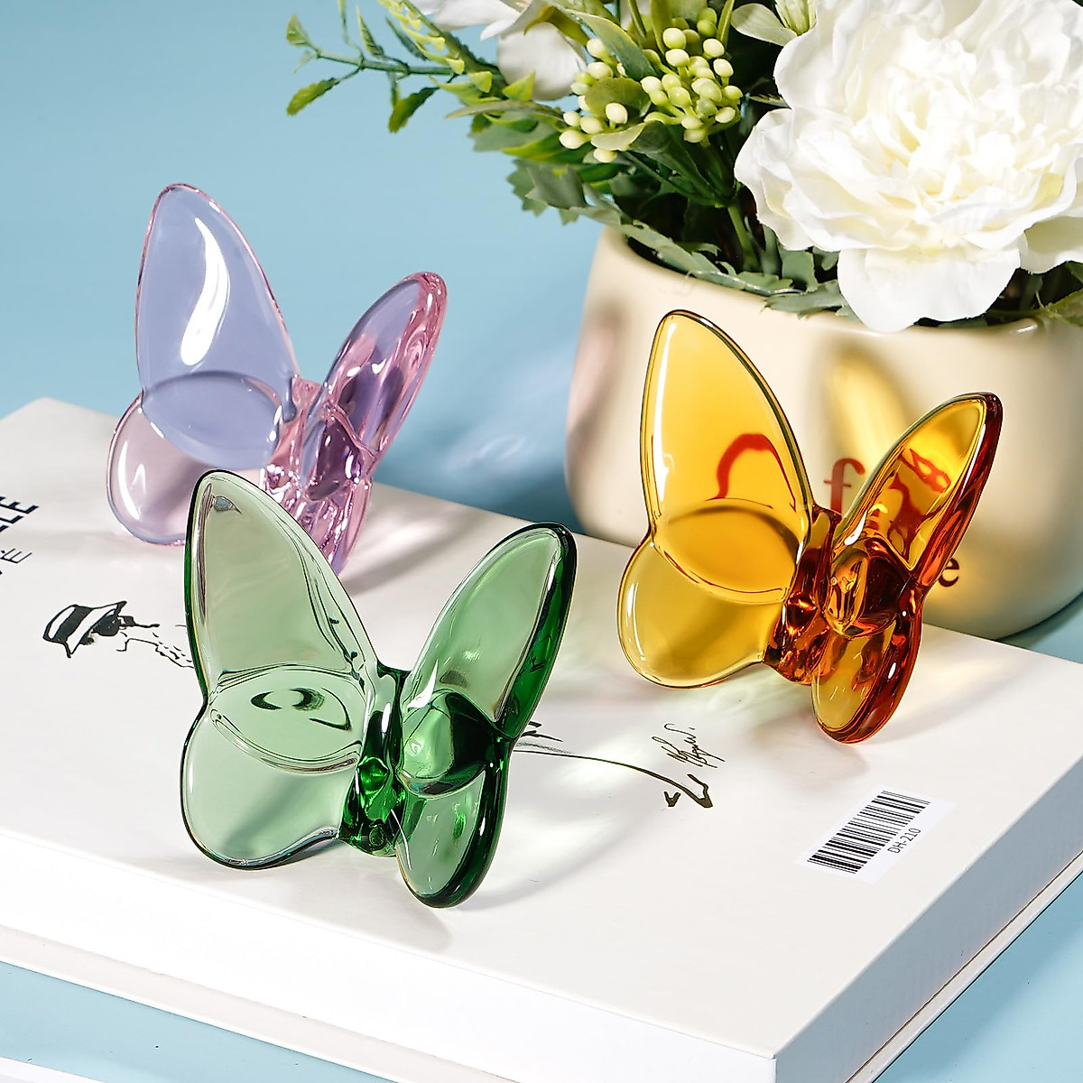 Lioaeust Crystal Butterfly Figurines,Flying Butterfly Figurine Decor Crystal Cut Glass Butterfly Ornament Statue Animal Collectible Gift Home Ornament Decor (Green+Orange)