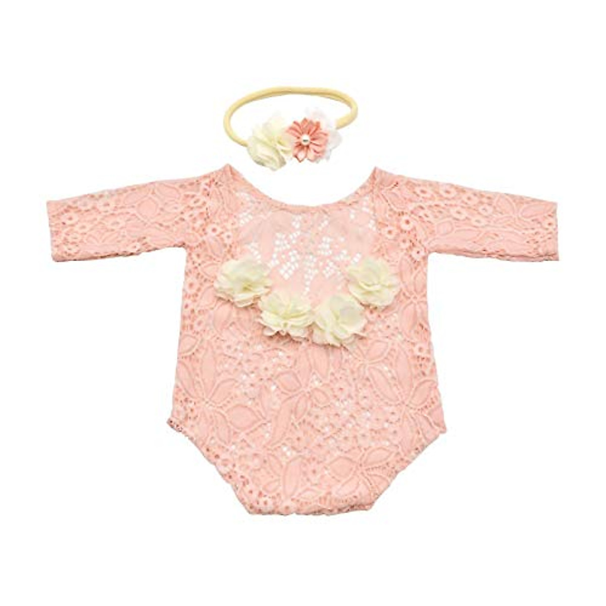 Yuehuam Newborn Girl Photography Outfits Cute Lace Rompers Photography Props with Flower Headband Baby Photo Props Bodysuit Outfit