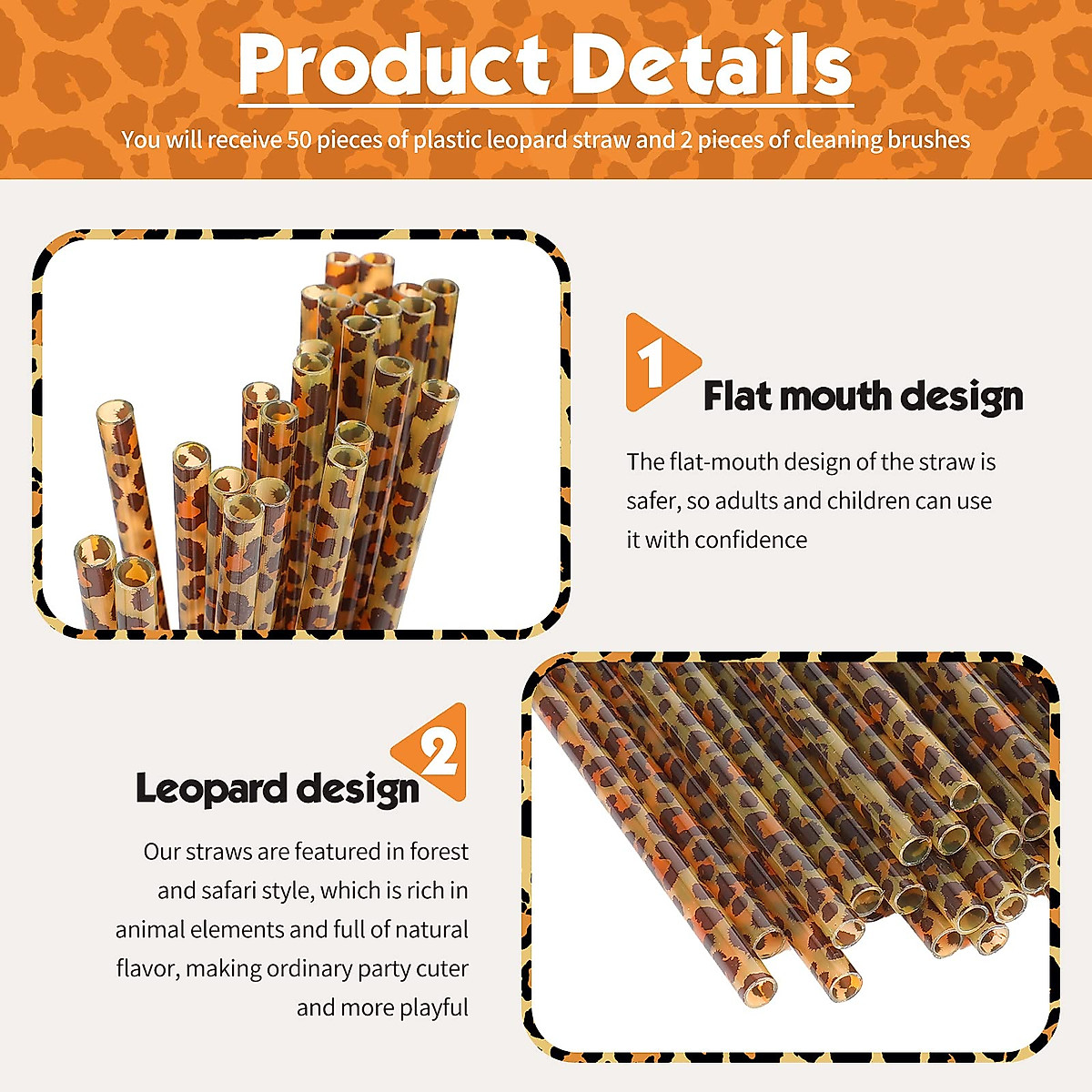 Leopard Print Plastic Straws Drinking Printed Animal Straws Safari Themed Plastic Straws and Cleaning Brush for Drinking Birthday Animal Birthday Party Favors Supplies (Classic Style, 27)