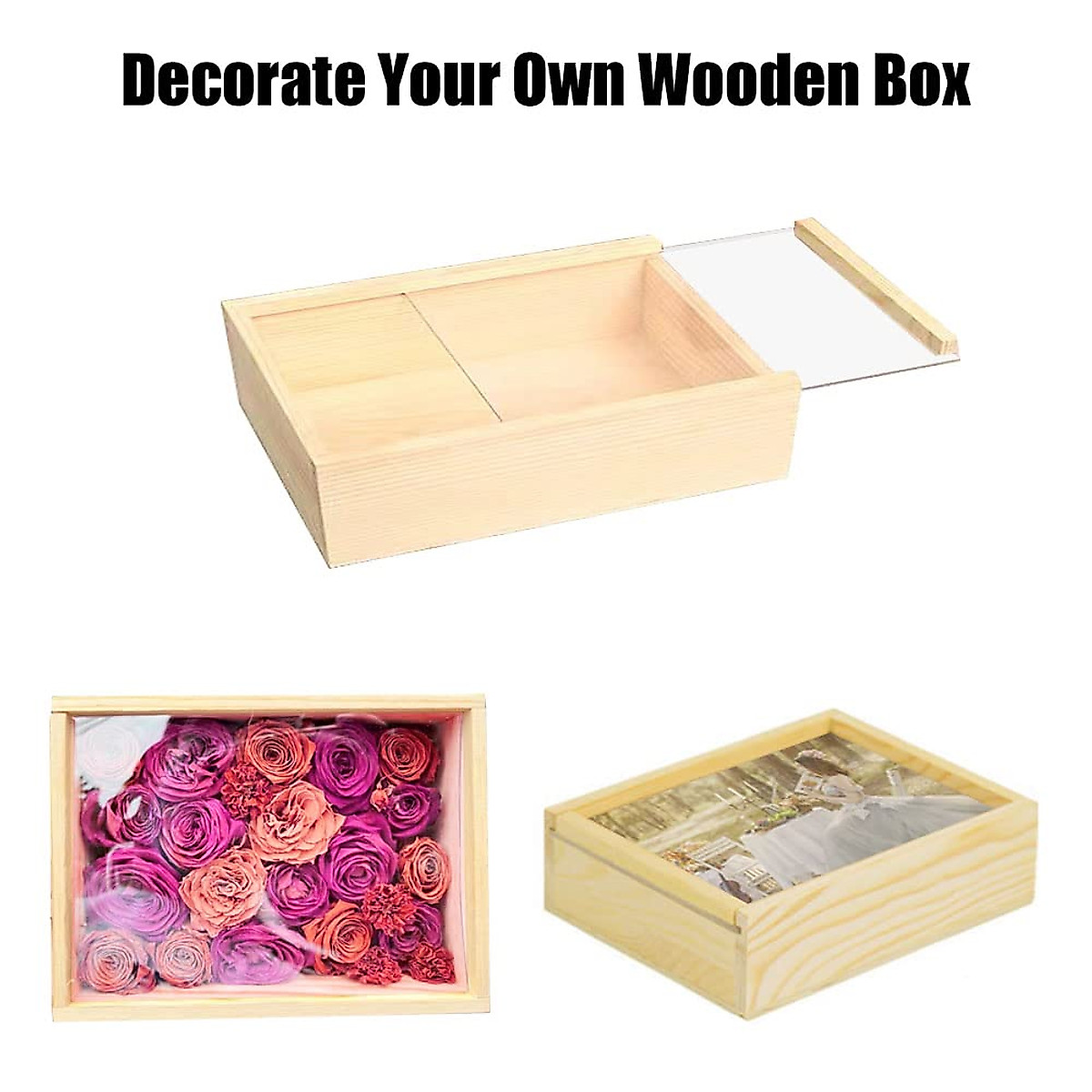 YCOSAN 6 Pcs Wood Boxes for Crafts, 6.3 x 4.9 x 1.8 Inch Small Wooden Storage Boxes, Unfinished Wood Box,Wooden Display Box with Sliding Transparency Lid