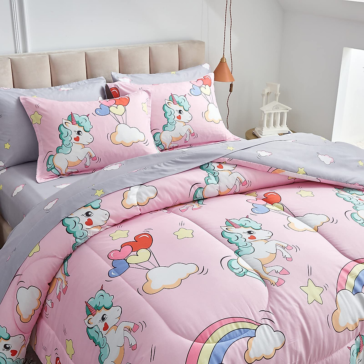 UOZZI BEDDING Kids Girls Bed in a Bag 7 Pieces Queen Size Unicorn Pink Comforter Set - (1 Soft Microfiber, Reversible Comforter, 2 Pillow Shams, 1 Flat Sheet, 1 Fitted Sheet, 2 Pillowcases)