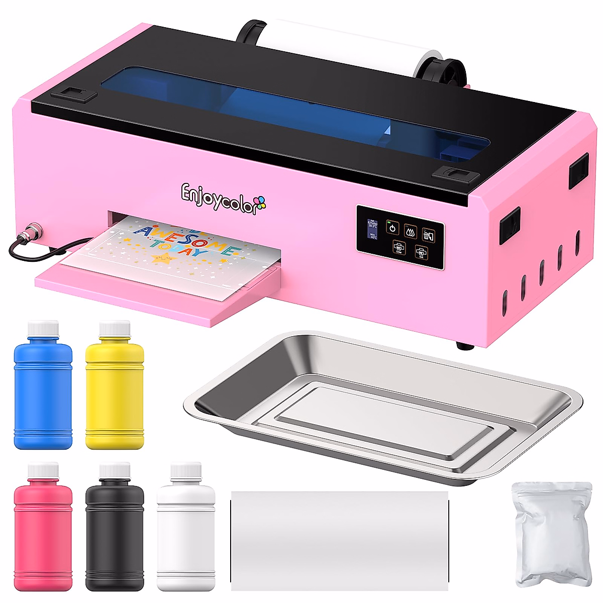 EnjoyColor A4 DTF Printer with Roll Feeder, DTF Transfer Printer Machine for Dark and Light Fabric Printing, Pink