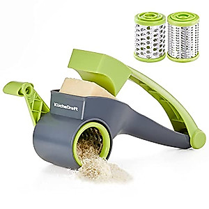 KucheCraft Cheese Grater with Handle, Kitchen Parmesan Cheese Grater with 2 Stainless Steel Drums, Rotary Cheese Grater Handheld for Grating and Shredding Hard Cheese, Chocolate, Nuts