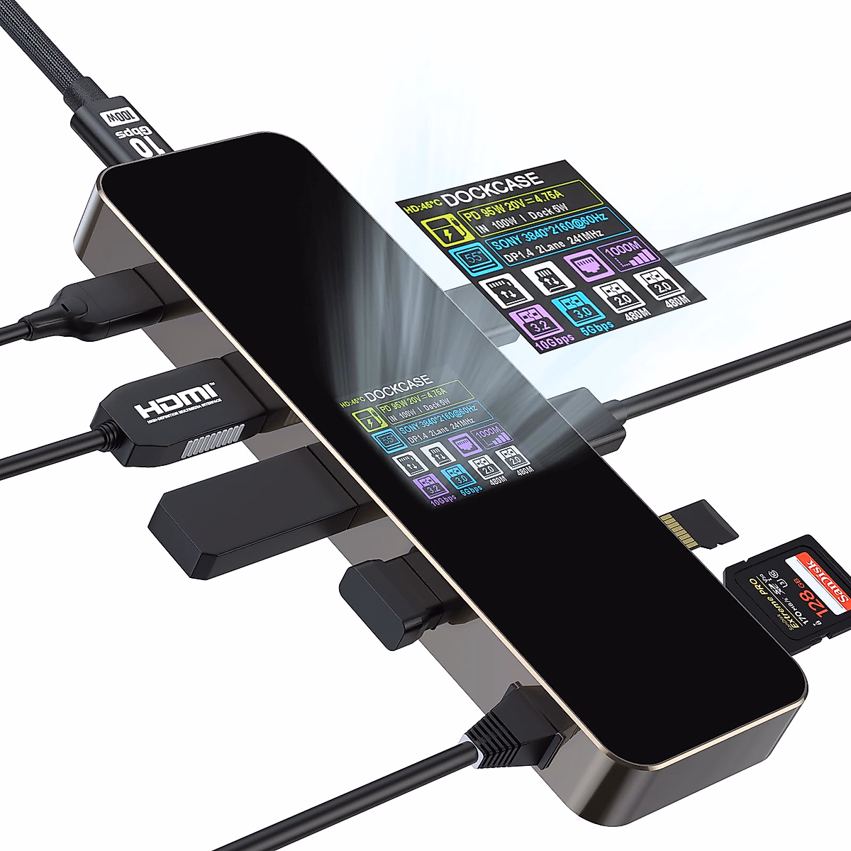 DOCKCASE Visual Smart USB C Hub (9-in-1) with HDMI Port 4K@60Hz, 100w PD Power Delivery, 4 USB-A Data Ports, 1 Gigabit Ethernet Port, 1 UHS-II TF/SD Card Slot for MacBook Air/Pro, Ipad Pro,Dell XPS