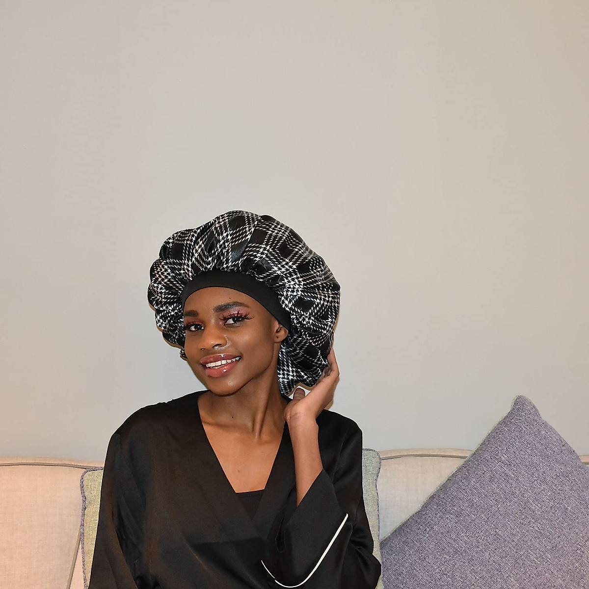 BONNET QUEEN Silk Sleeping Bonnet Satin Adjustable Big Large Curly Reversible Double Layer Braids Wig Natural Hair Wrap Night Sleep Hat Shower Cap with Tie Band Black&White