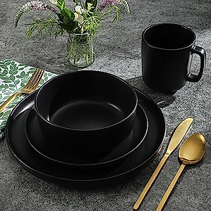 Gibson Home Zuma Stoneware Plates, Bowls, & Mugs Dinnerware Set - Matte Black, Service for Four (16pcs)