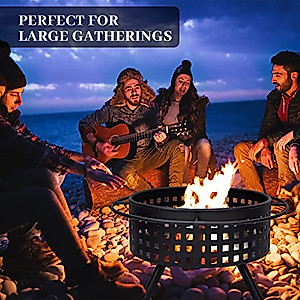 Vipush Fire Pit - 30in Black Crossweave Outdoor Fire Pit, Wood Burning Fire Pit with Spark Screen, Fireplace Poke, Cover - Fire Pit for Outside, Patio, Garden, Backyard, Decking