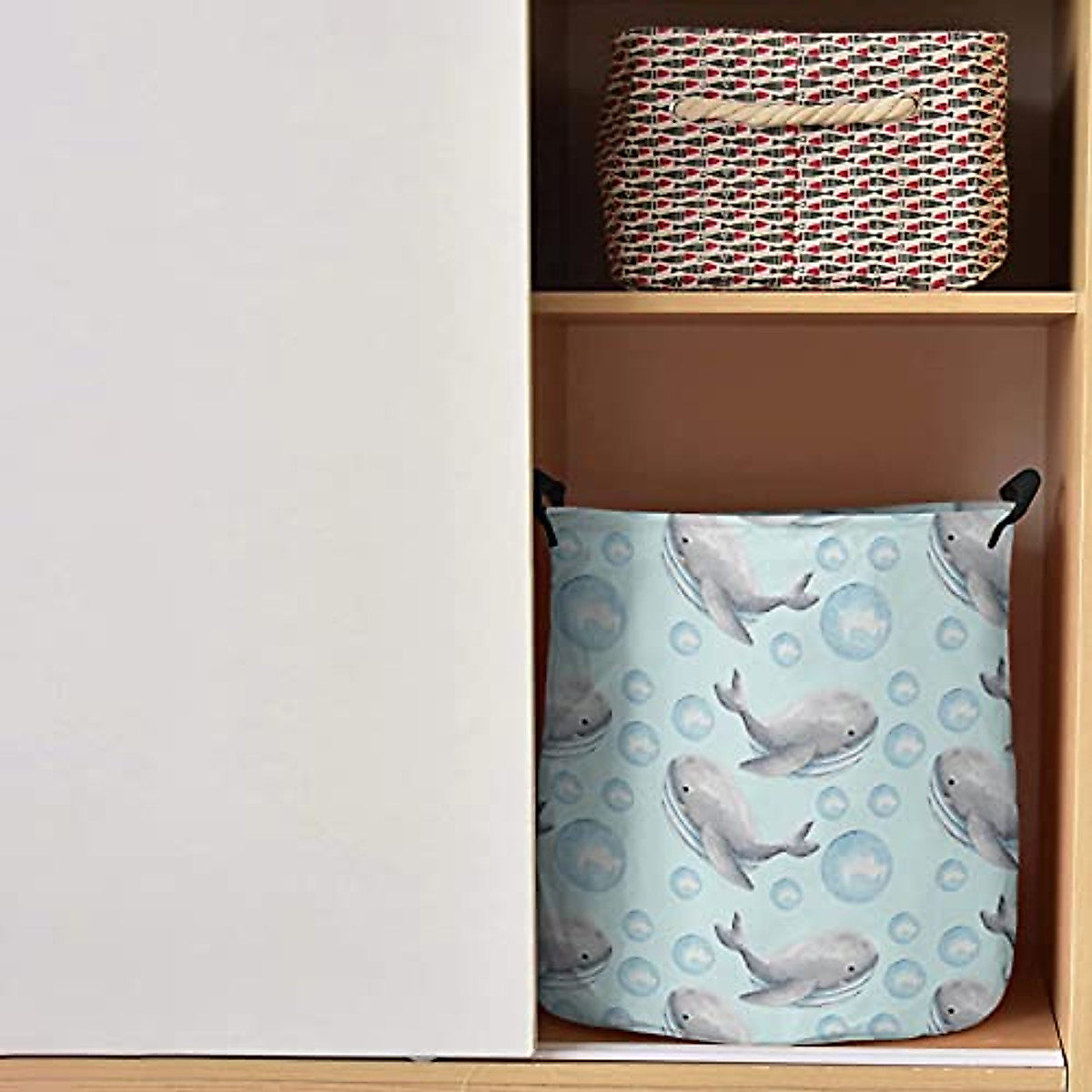 Cartoon Marine Life Freestanding Laundry Basket with Handles, Collapsible Waterproof Large Laundry Hamper for Baby Nursery Kids Room Dorm Storage, Ocean Theme Cute Whale and Bubble