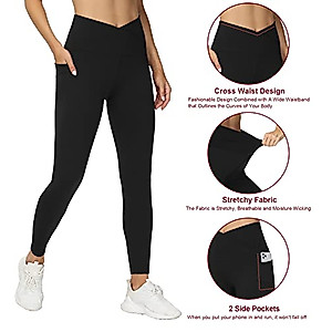 THE GYM PEOPLE Women's V Cross Waist Workout Leggings Tummy Control Running Yoga Pants with Pockets(Black, Medium)