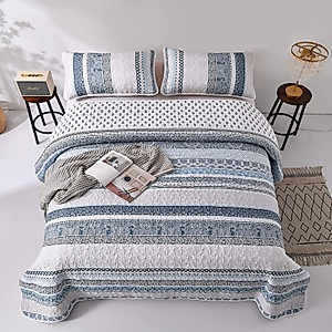 WONGS BEDDING Boho Quilt Set King Size, Light Blue Bohemian 3 Pieces Quilt Sets, Lightweight Summer Bedspread Coverlet Bedding Set for All Season (104"x90")