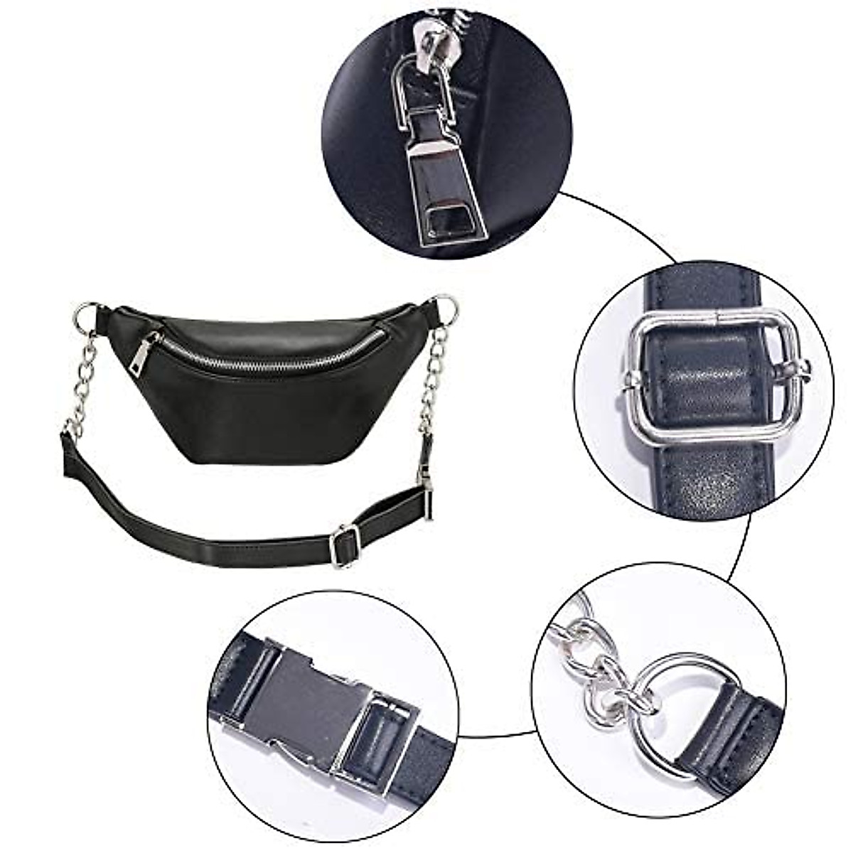 BigBigMe Fanny Pack for Women, Fashion Leather Waist Bag Belt Bag with Adjustable Strap Crossbody bag Chest Bag Phone Purse with Metalic Chain, Gifts for Women, Black
