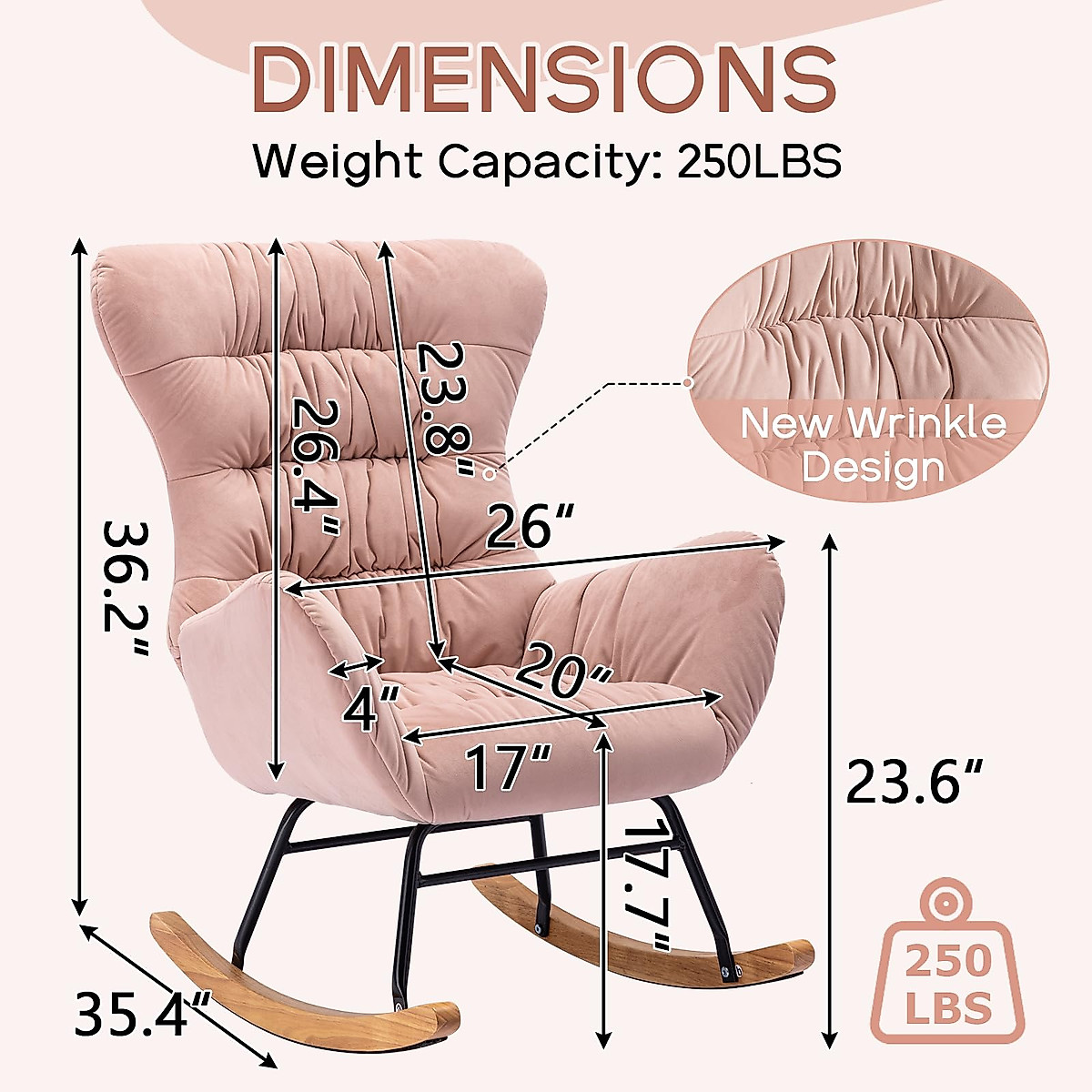 NIOIIKIT Nursery Rocking Chair, Velvet Upholstered Glider Rocker, Rocking Accent Chair with High Backrest, Comfy Rocking Accent Armchair for Living Room, Bedroom, Offices (Pink Velvet)