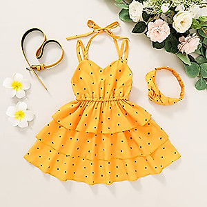 Toddler Girls Dress Halter Dots 3-Layer Pleated Party Dress Chiffon One-Piece A-line Dress with Belt and Headband Summer Outfits (Yellow dots Girls Dress, 4_Years)