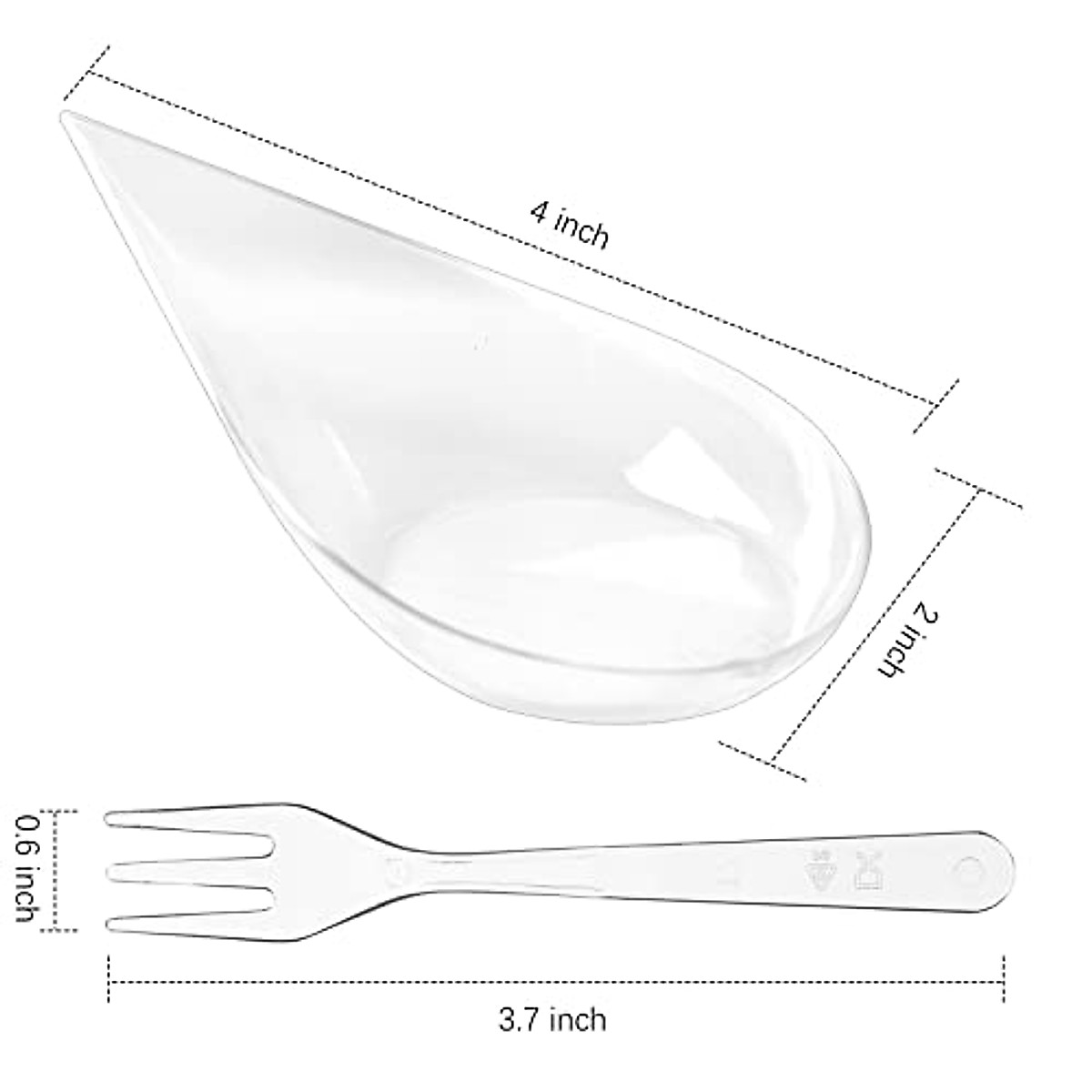TOFLEN 100ct 4 Inch Mini Appetizer Plates with Tasting Forks - Reusable Clear Plastic Party Serving Trays Mini Plates for Appetizers and Desserts - Tear Drop Tasting Spoon Mini Dish Bowls