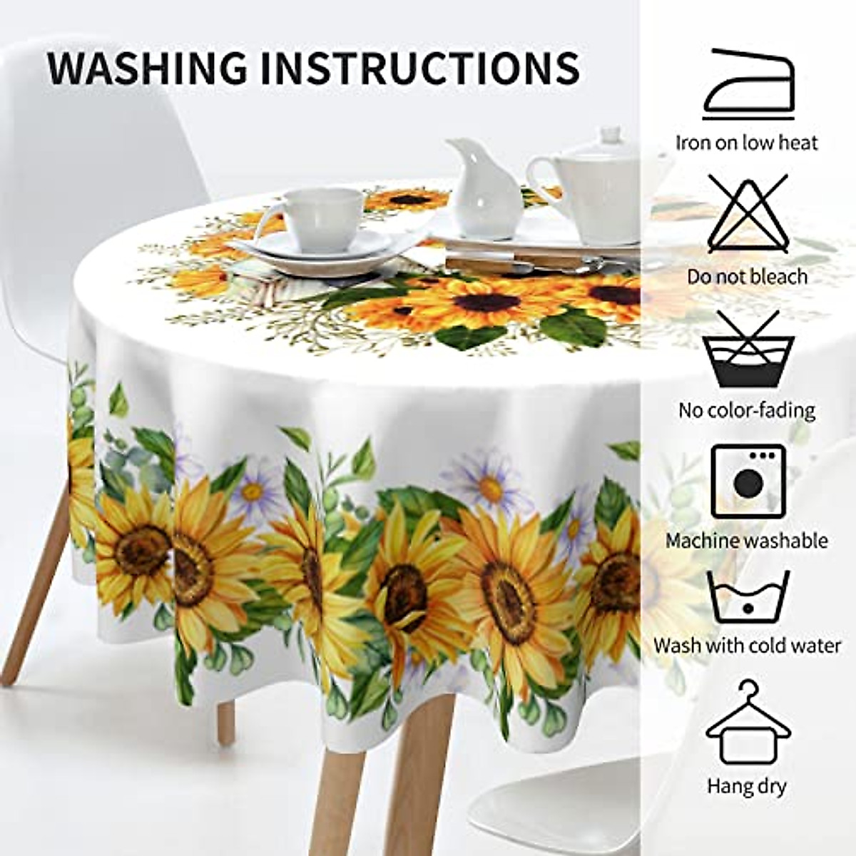 smuxqni Blooming Sunflower Tablecloth Round 60 Inch- Summer Yellow Floral Table Cloth Washable Reusable Farmhouse Sunflower Table Cover Table Cloth for Home Patio Party Picnic