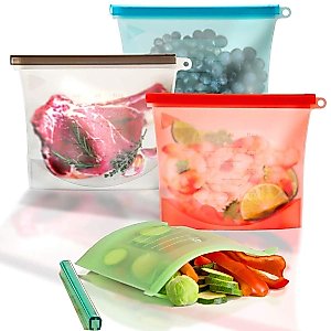 WeTest Silicone Reusable Food Bag for Sandwich,Fruit,Meat,Juice,Lunch,Snack Storage,Food Grade,Microwave Dishwasher Freezer Safe,Leakproof,1 Litre,4-Pack(Pink,Green,Blue,White) (Silicone Food Bag)