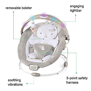 Ingenuity InLighten Baby Bouncer Infant Seat with Light Up -Toy Bar, Vibrations, Tummy Time Pillow & Sounds, 0-6 Months Up to 20 lbs (Twinkle Tails Bunny)