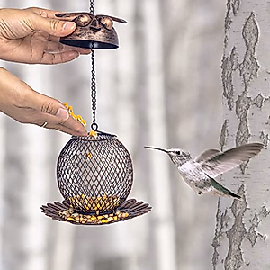 Cinlitek Outdoor Garden Wild Bird Feeder Hanging Bird Feeders, Heavy Duty Copper Metal Mesh Wild Finch Bird Feeder for Outside with Hook for Garden Yard Decor, Owl Shaped