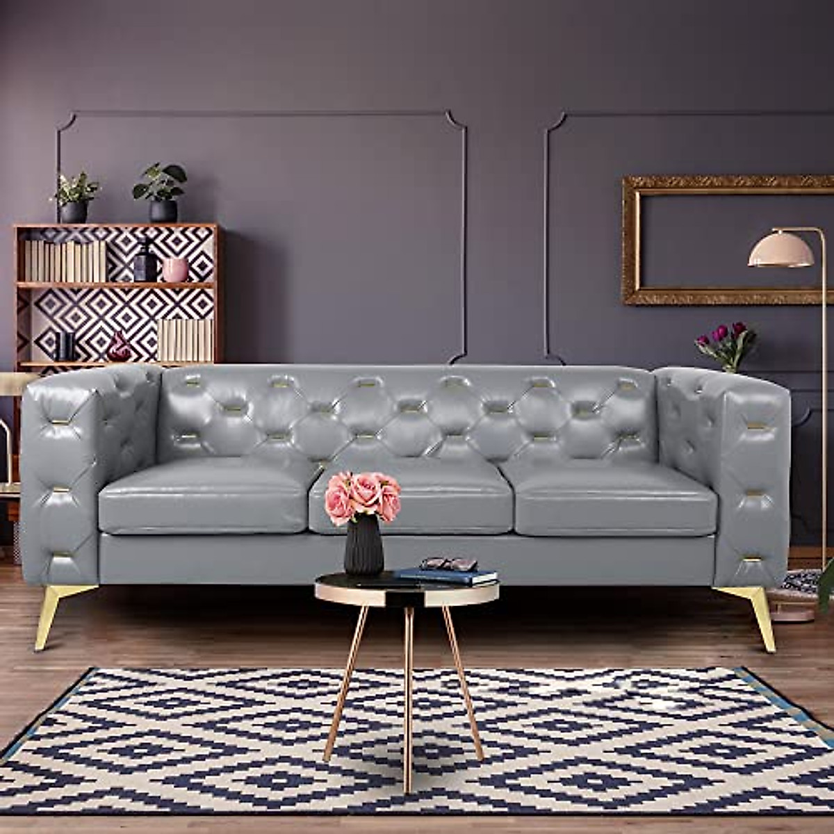 QHITTY Chesterfield Sofa, 84'' Modern 3 Seater Accent Leather Couch with Square Arms and Metal Tufted Button, Metal Legs for Living Room, Office, Bedroom (Grey)…