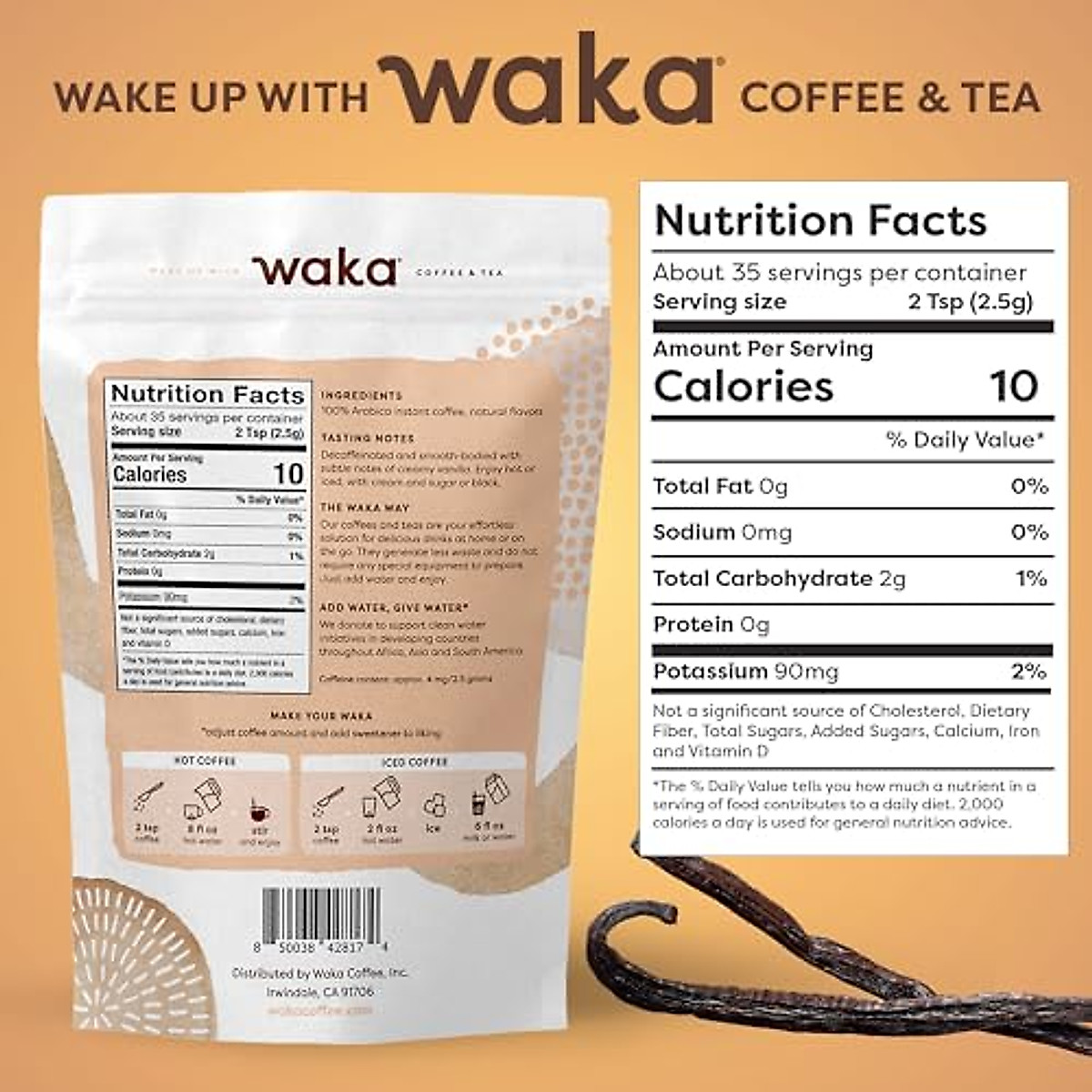 Waka Instant Coffee, Decaffeinated Vanilla Flavored - 100% Arabica Beans, Freeze Dried Granules, No Sugar or Additives - Bulk Bag for Quick Hot and Iced Coffees, Up to 35 Cups (3.5oz)