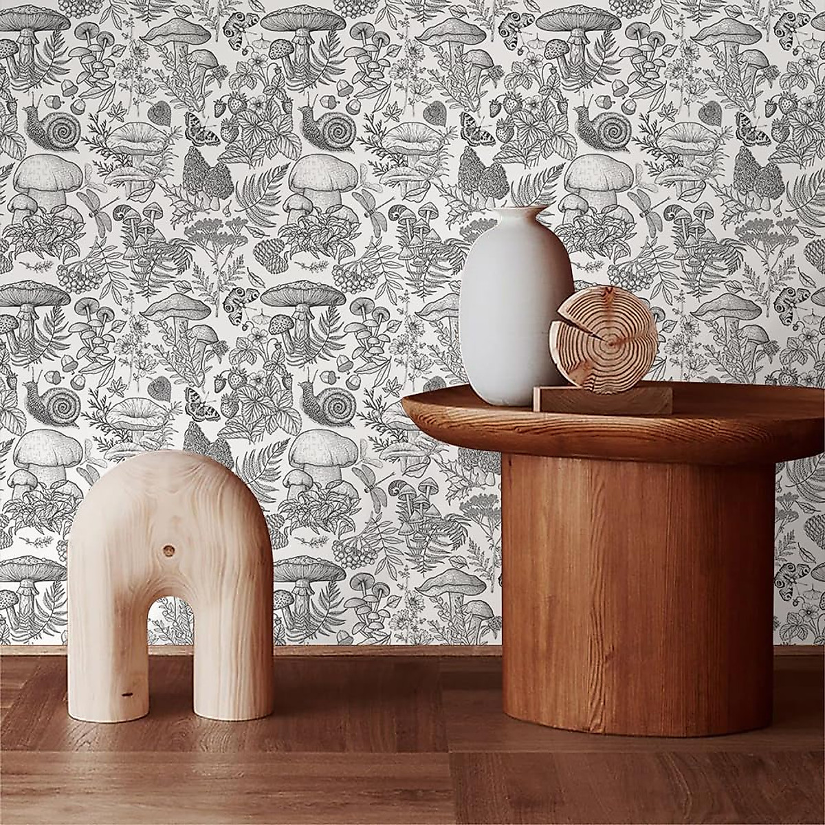 BEETAL Black and White Boho Mushroom Snail Peel and Stick Wallpaper Modern Esay Peel Off Contact Paper Vintage Self Adhesive Removable Stick on Wall Paper for Kitchen Cabinet Furniture Renter Friendly