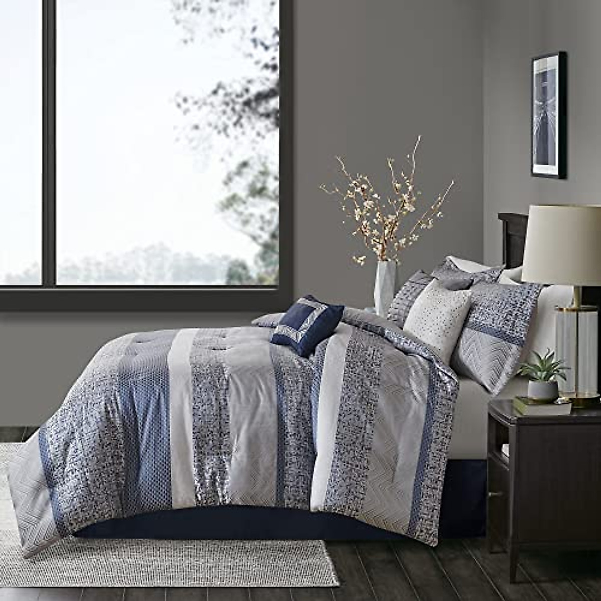 Madison Park Luxury Comforter Set-Traditional Jacquard Design All Season Down Alternative Bedding, Matching Bedskirt, Decorative Pillows, Queen(90"x90"), Rhapsody, Geometric Navy 7 Piece