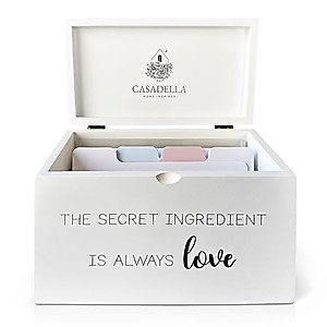 CASADELLA Wooden Recipe Box, Index Card Holder Box w/70 4x6 Recipe Cards and 16 Dividers, White Minimalist Card Box, Index Card Box to Preserve Family Recipes, Recipe Box with Cards and Dividers
