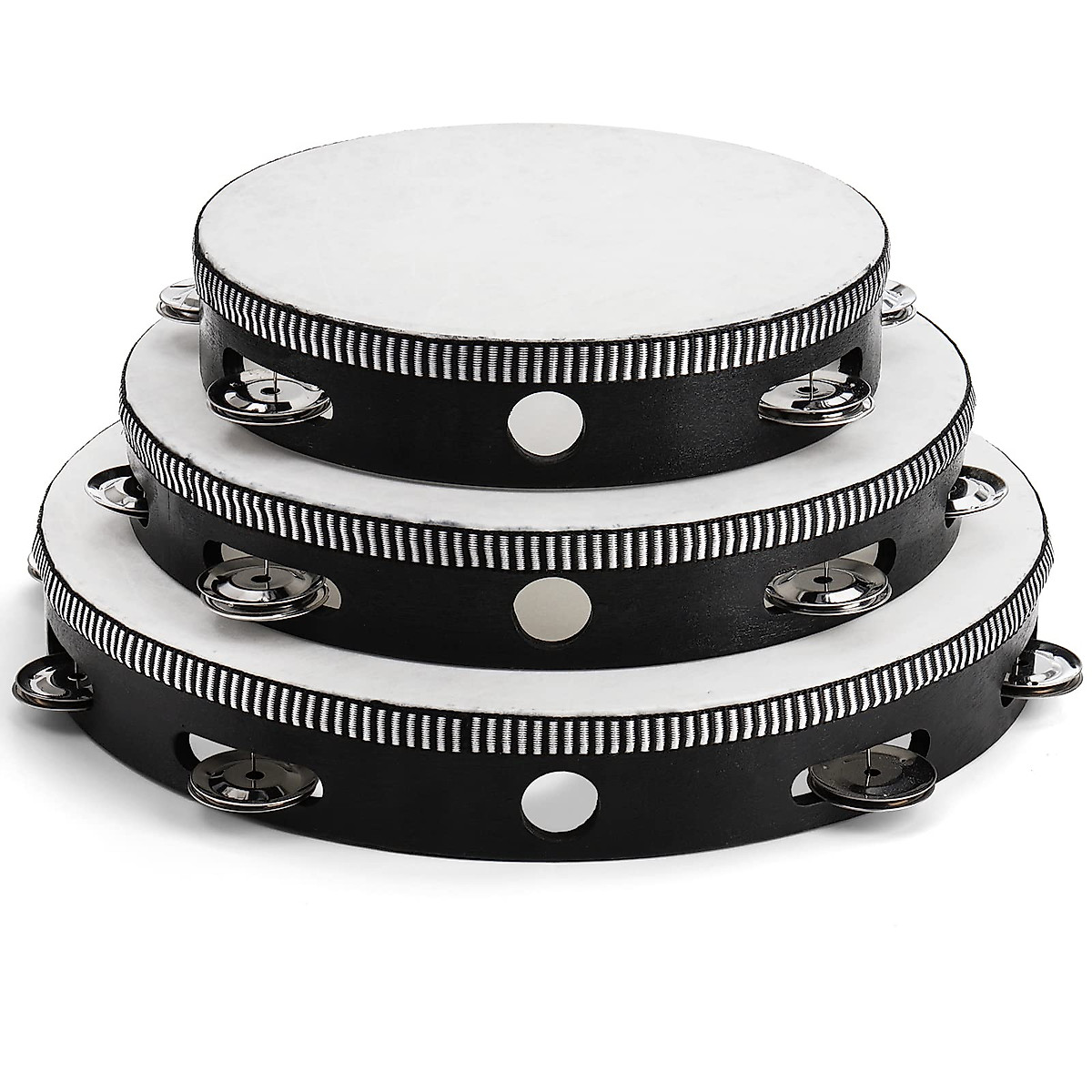 Foraineam 3 Pieces Wood Handheld Tambourines, 12 Inch 10 Inch 8 Inch Black Wooden Tambourine Drum Metal Jingles Musical Educational Percussion Instrument for Concert, Church, Party