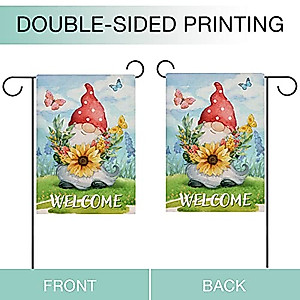 Hzppyz Welcome Spring Gnome Sunflower Wild Flower Garden Flag Double Sided, Red Polka Dots Hat Butterfly Floral Decorative House Yard Outdoor Small Decor, Summer Seasonal Home Outside Decoration 12x18