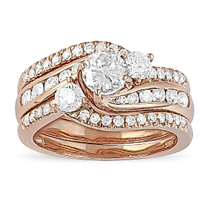 DZON IGI Certified 10K Rose Gold 1 1/4CT TDW Round Cut Diamond Bypass Engagement Ring Set for Women (I-J, I2) (6.5)