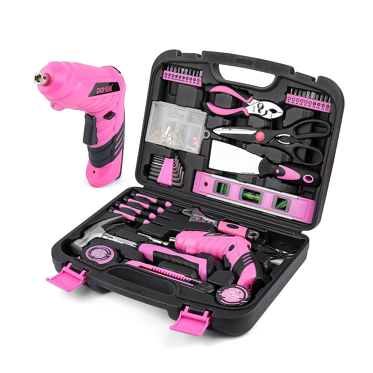 143 Pcs Pink Homeowner Tool Set with 3.6V Cordless Screwdriver General Household Hand Tool Kit with Plastic Tool box Storage Case for Women,Men