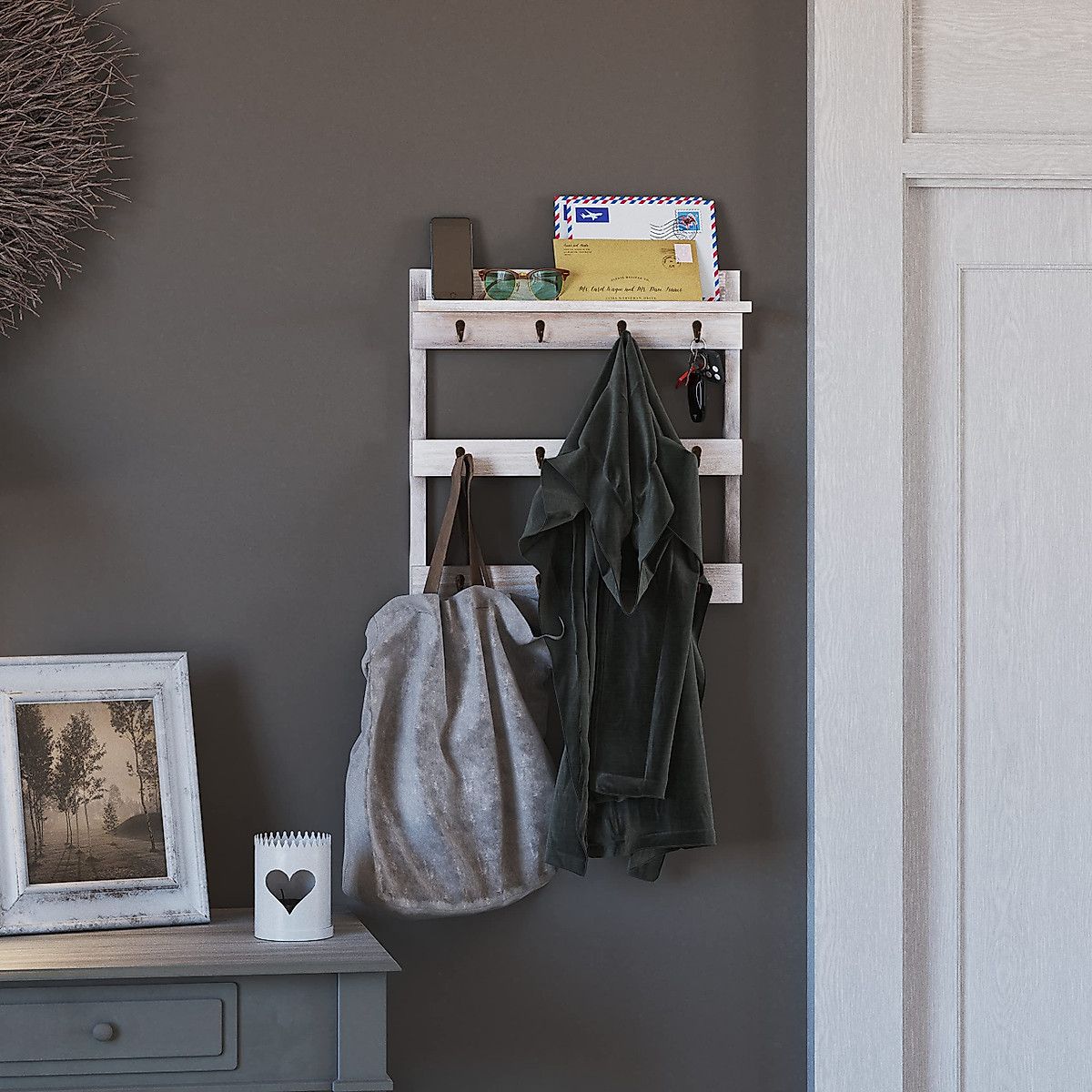 Merrick Lane Steeley Wooden Wall Mount 12 Cup Mug Rack Organizer with Upper Storage Shelf and Metal Hanging Hooks with No Assembly Required, Whitewashed