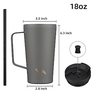 Konokyo Insulated Tumbler with Handle and Straw, 18 OZ Travel Coffee Mug Stainless Steel Cup Metal Water Bottle,Grey