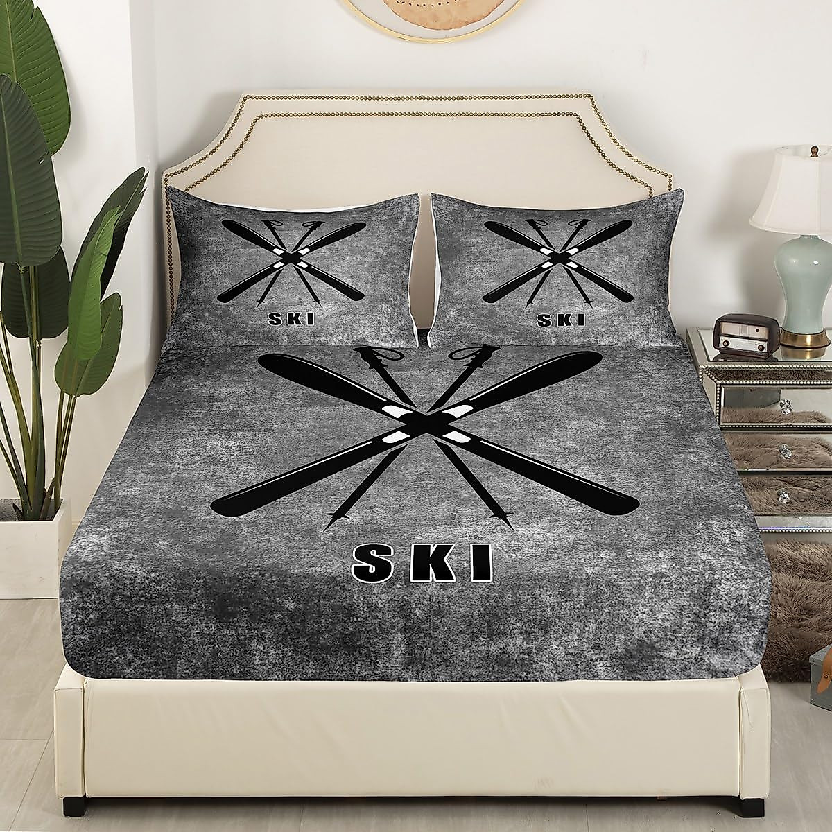 Ski Sheet Sets Twin Size Black Snowboard Grey Tie Dye Bedding Set 3Pcs for Kids Boys Girls Adult Room Decor Ski Sports Gaming Bed Sheet Skiing Lover Fashion Fitted + Flat Sheet,1 Pillowcase