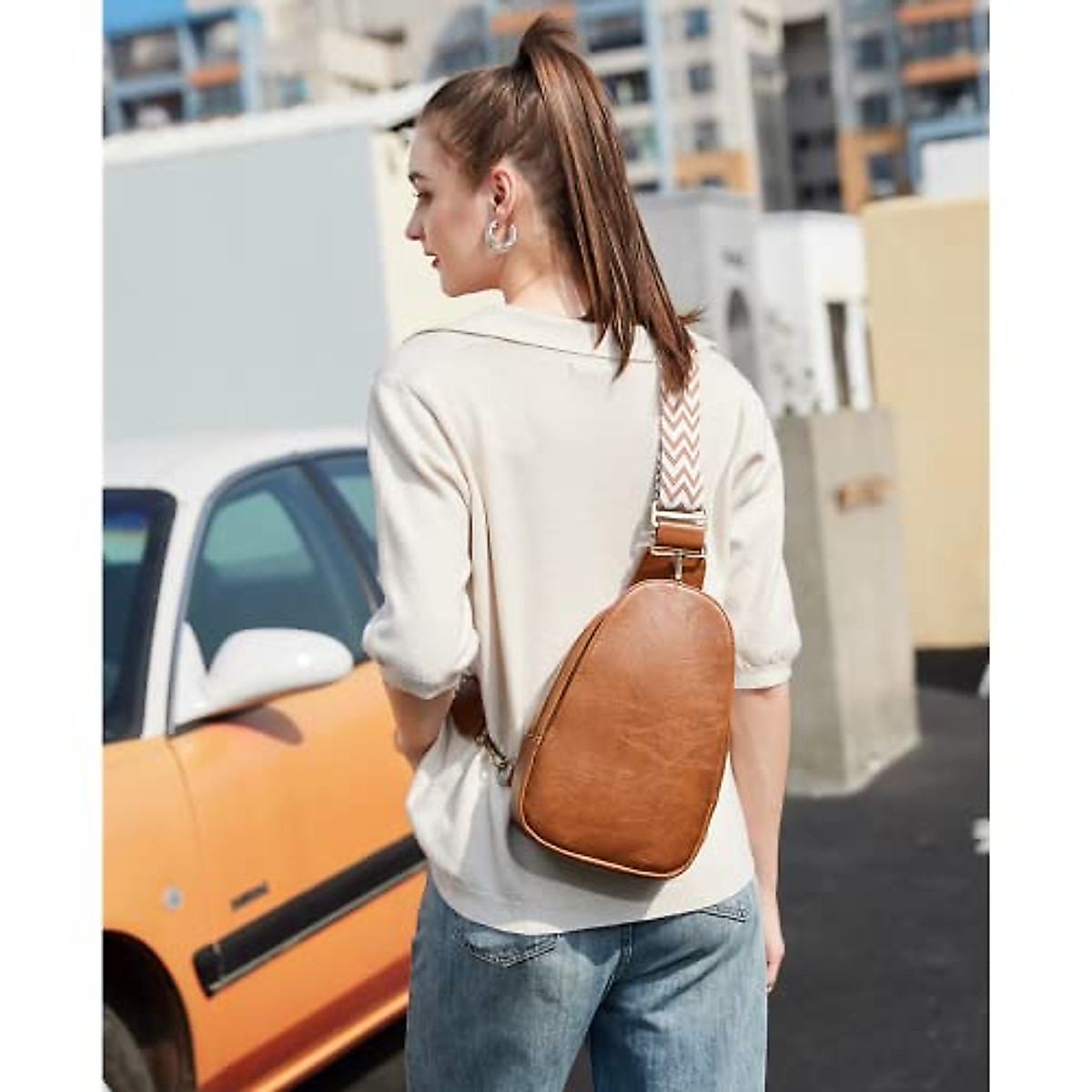 WSRYDJDL Women Chest Bag Sling Bag Small Crossbody PU Leather Satchel Daypack Shoulder backpack for traveling hiking Cycling (Brown)