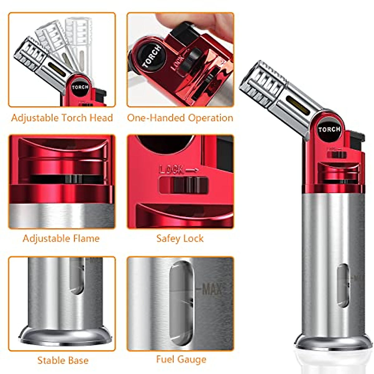 ZEBRE Butane Torch with Fuel Gauge, Refillable Kitchen Torch Lighter with Safety Lock and Adjustable Flame & Tube, Culinary Torch for Desserts, Creme Brulee, BBQ and Baking (Butane Gas Not Included)