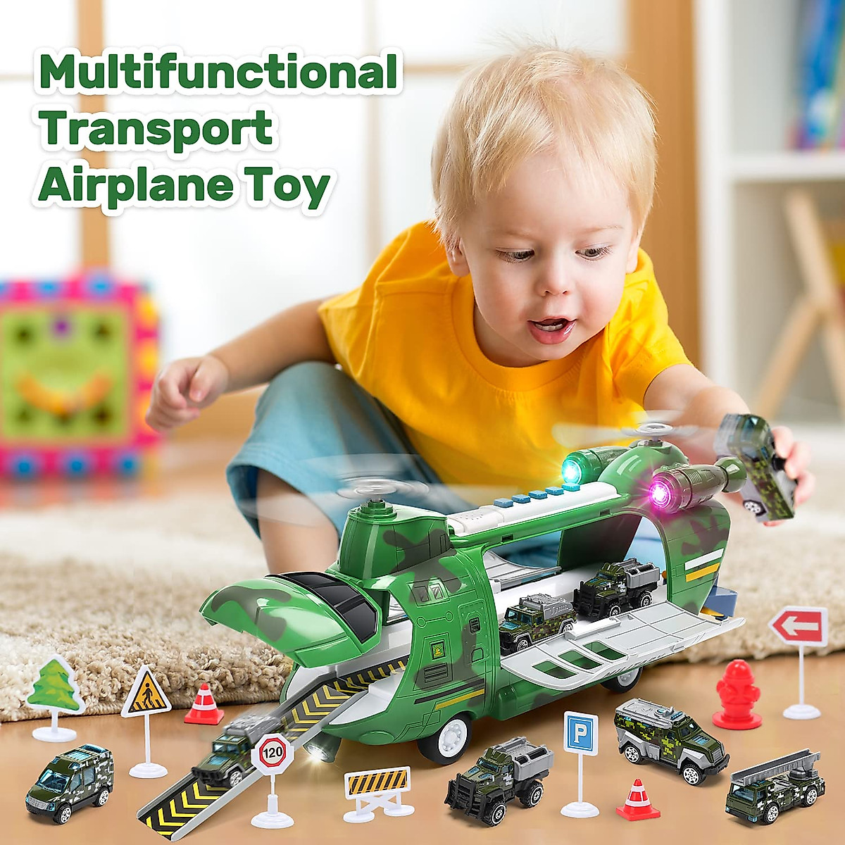 CUTE STONE 2-in-1 Amy Helicopter Toys, Boys Military Toy Friction Powered Helicopter w/Electric Rubber Propeller, Realistic Light & Music, Mini Vehicles, Traffic Road Signs, Vehicle Toy Set for Kids