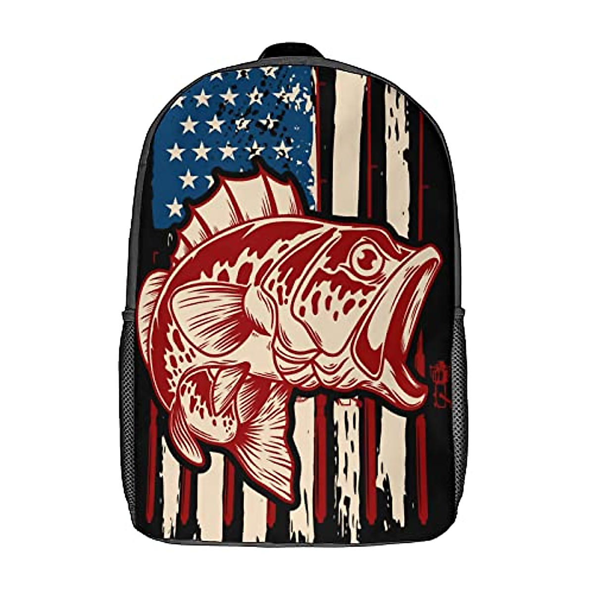 ONE TO PROMISE American Flag Backpacks Vintage Jumping Bass Fish Fishing on American Flag Shoulder Student Bookbag Laptop Backpack Travel Hiking Camping Daypack for Teens Women Men with Side Pockets