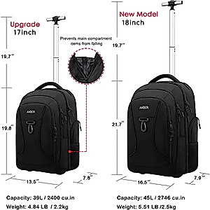 AMBOR Rolling Backpack, Waterproof 18 Inch Wheeled Backpack, Carry-on Bag Luggage Suitcase Compact Business Backpack with Wheels, Student Rolling Laptop Bag Carry Luggage - Black