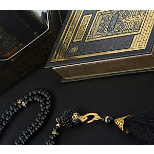 Prien Muslim Gifts for Eid, Gilt Covered Gift Box, Silvered Quran Gifts for Ramadan Mosque, Pearl Prayer Beads, Islamic Presents Women, Portable Boxes, Mawlid Gift Set for Birthday, Wedding, Umrah, Special Day (Black)
